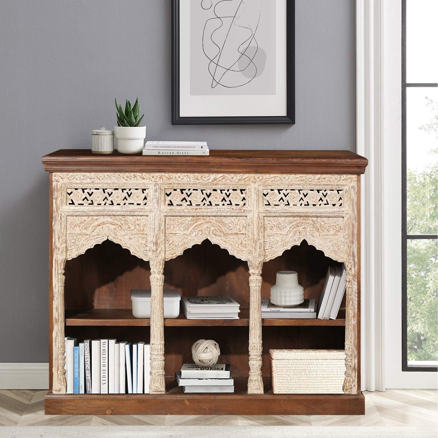 Mediterranean Style Hand Carved Triple Arch Display Case | 52" Wide ...