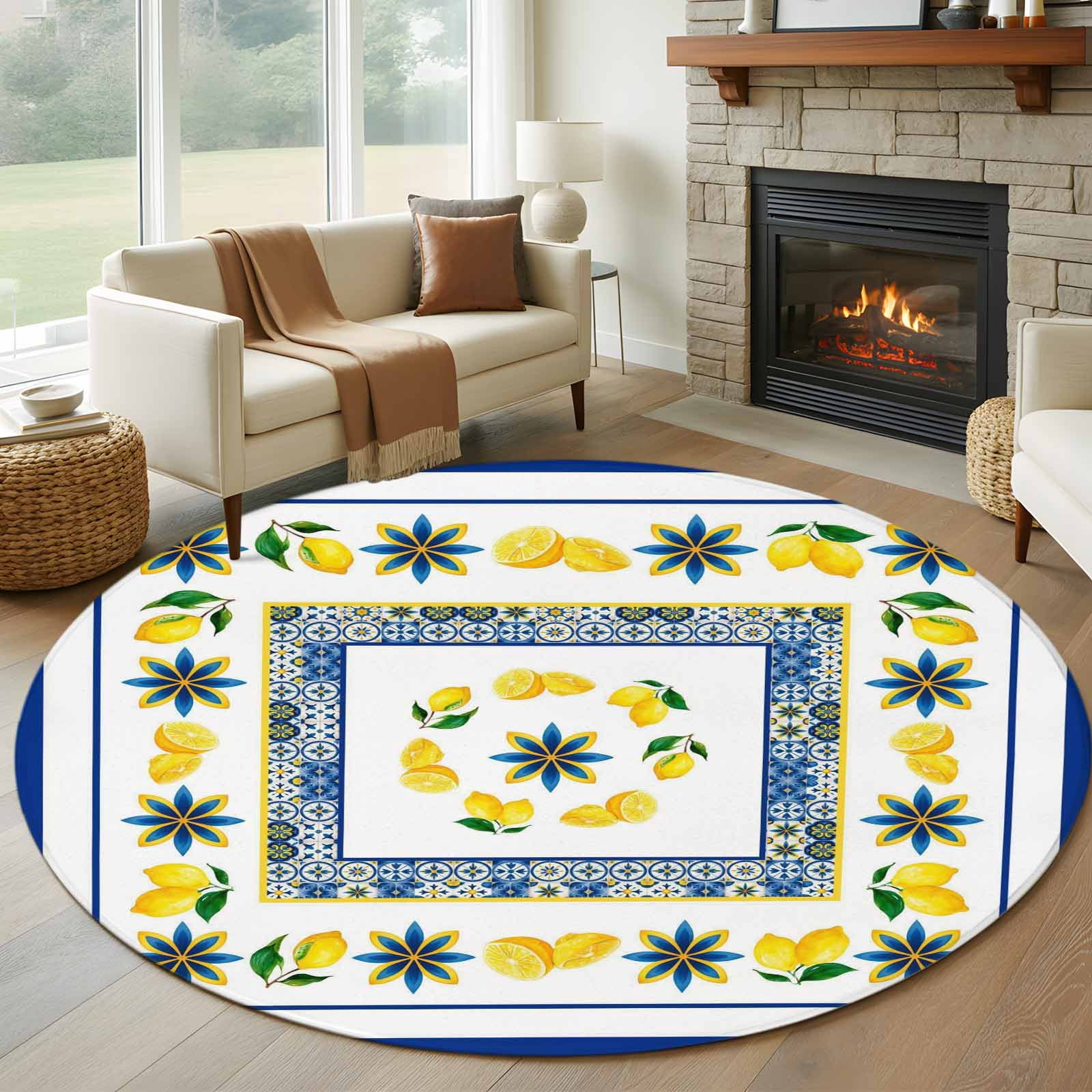 Mediterranean Style Lemon Washable Round Area Rug 8 ft, Blue Floral ...