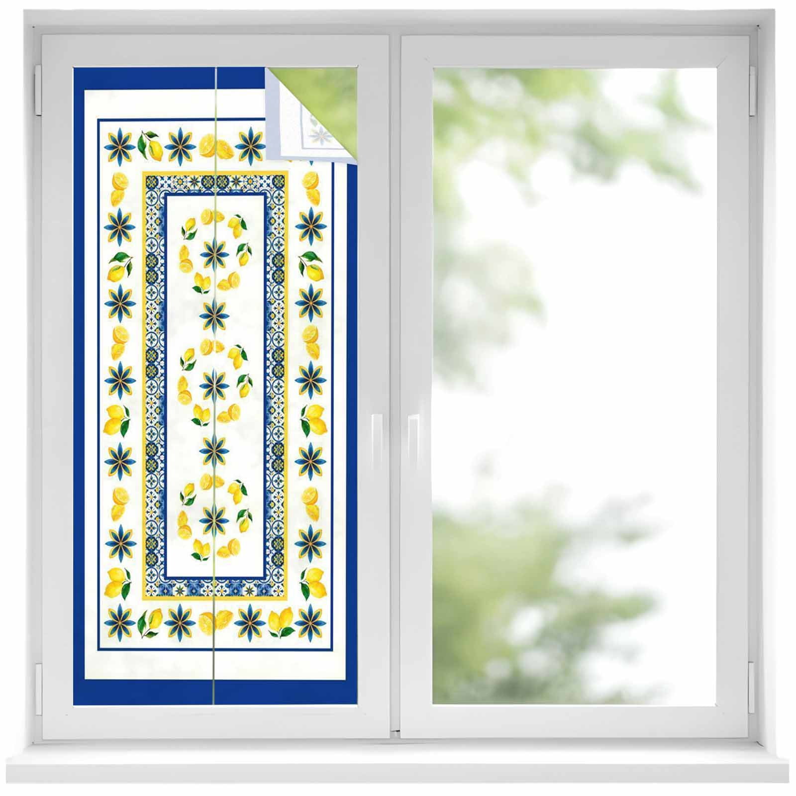 Mediterranean Style Lemon Window Privacy Film, Blue Floral Blue Border ...