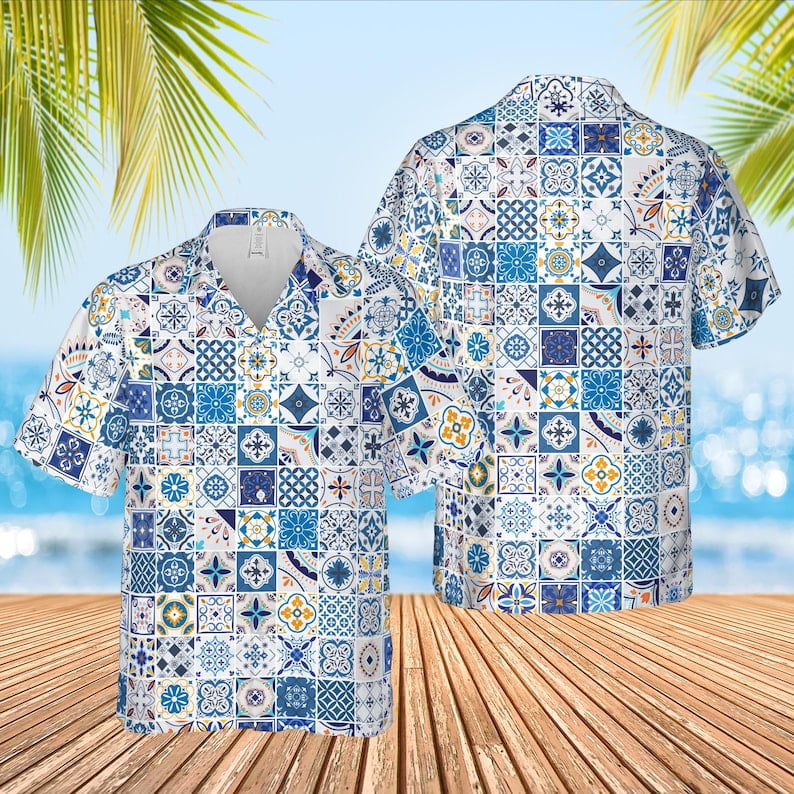 Mediterranean Summer Hawaiian Shirt, Blue And White Azulejo Tiles ...