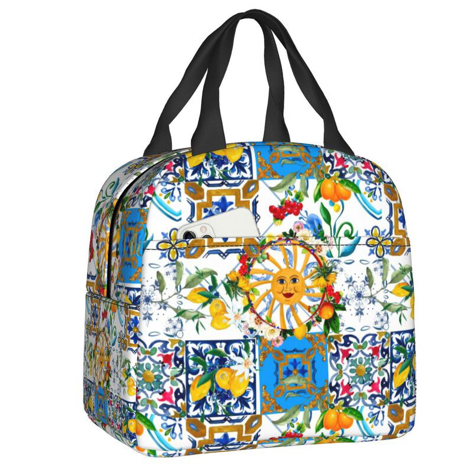 Mediterranean Tiles Fruit Lemons Insulated Lunch Box Portable Thermal ...