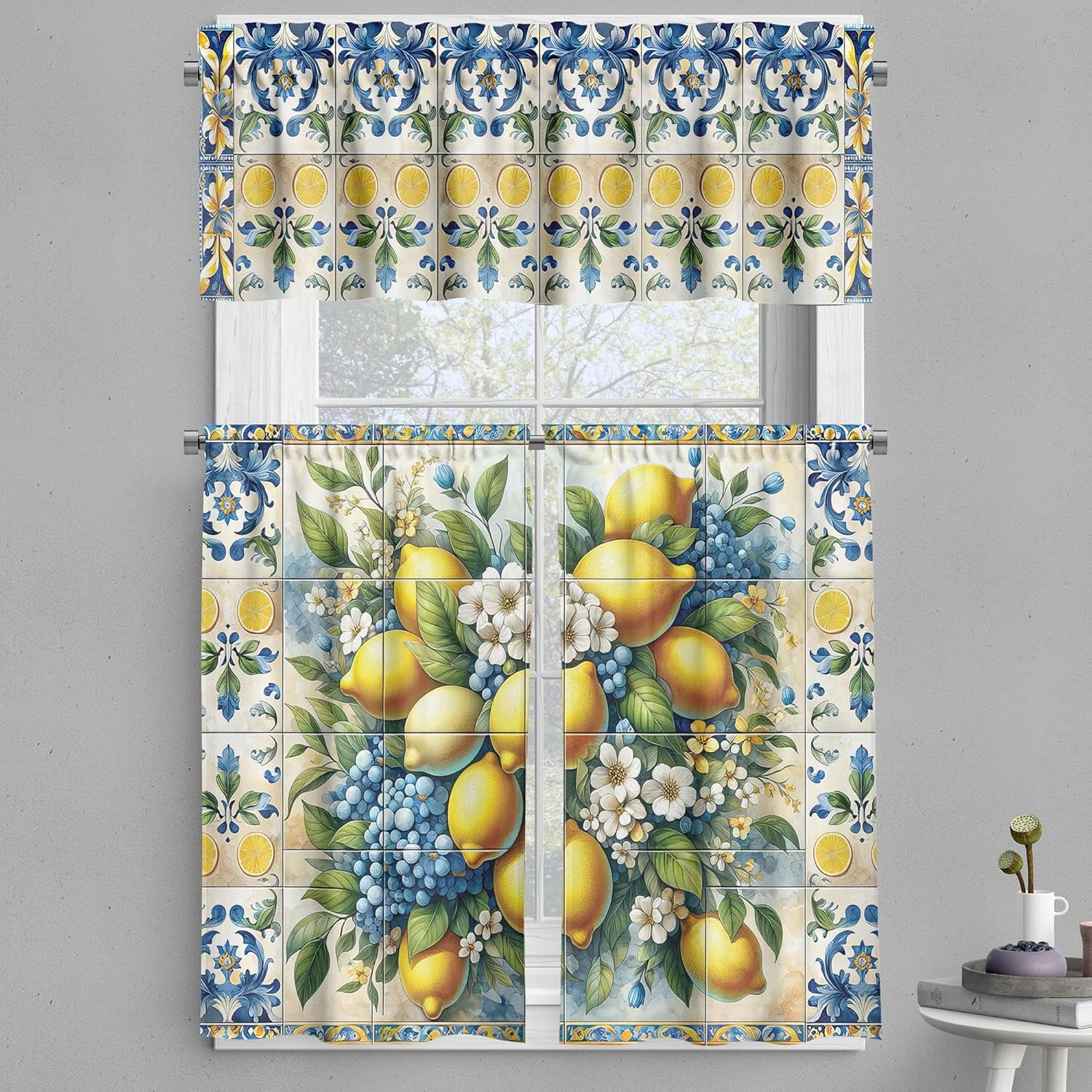Mediterranean Valance & Tier Curtain 3 pcs Set, Lemons Classic Mosaic ...