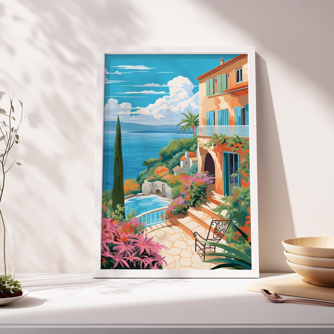 Mediterranean Villa Print, Coastal Ocean View, Seaside Terrace Art Home ...