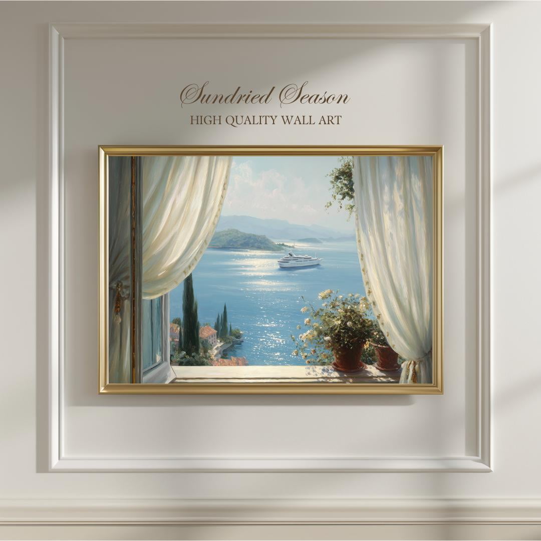 Mediterranean Villa Sea View Art Print, Summer Window Luxury Yacht ...