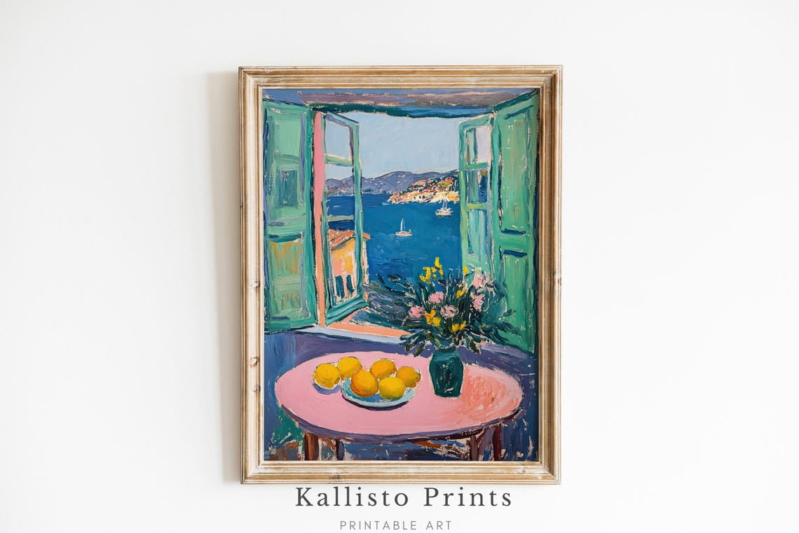 Mediterranean Window View Art Print Poster, Coastal Wall Art, Colorful ...