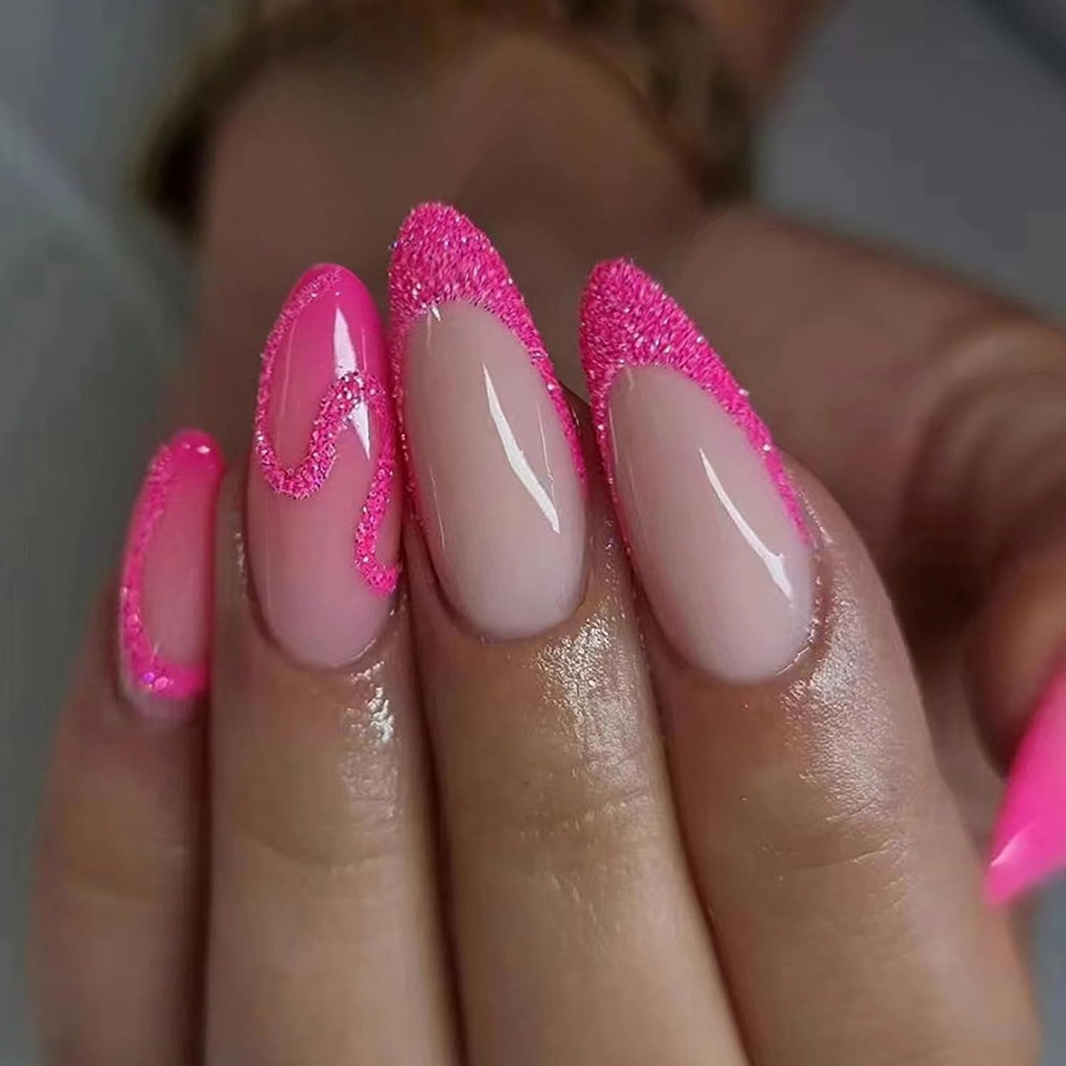 Medium Almond Press on Nails Stiletto Fake Nails Glossy Glue on Nails Summer Hot Pink Acrylic Nails French Tip Artificial Nails Bling Glitter False Nails with Design 24 pcs 021A05Hot Pink 0.04