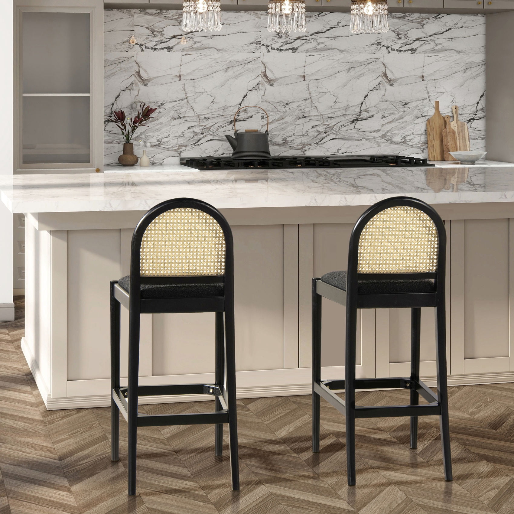 Medium Brown Oak Frame Bar Stools / Tweed Faux Sherpa Texture ...