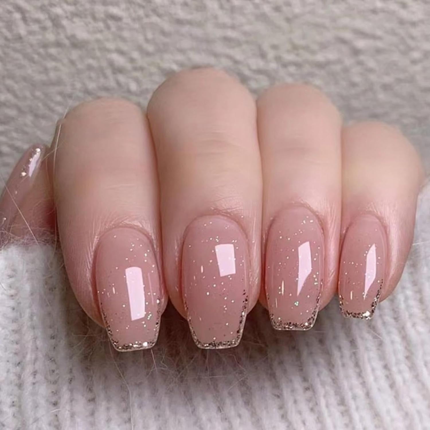 Medium Coffin Press on Nails Bling Fake Pink Nails Tips Full Cover ...