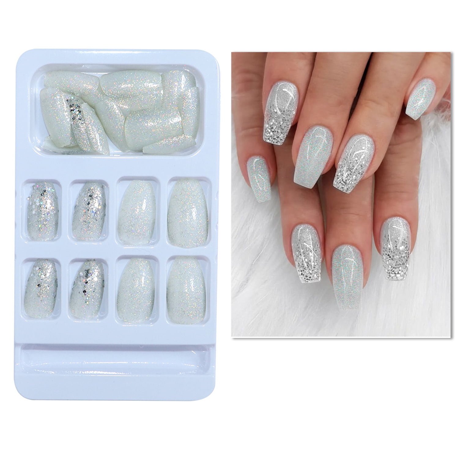 Medium Coffin Press on Nails Design Fake Nails Manicure Glitter False ...
