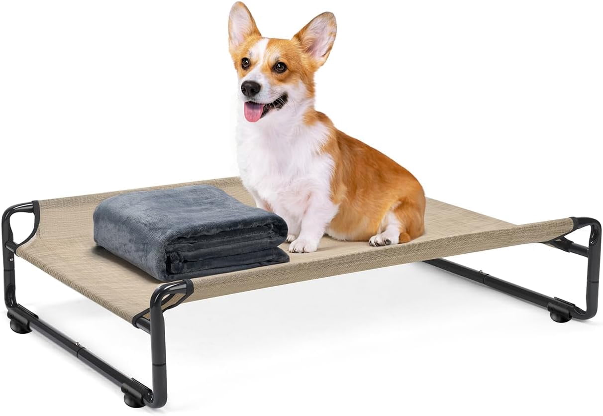 Medium Elevated Dog Bed with Flannel Dog Blanket, Outdoor Guardrail ...