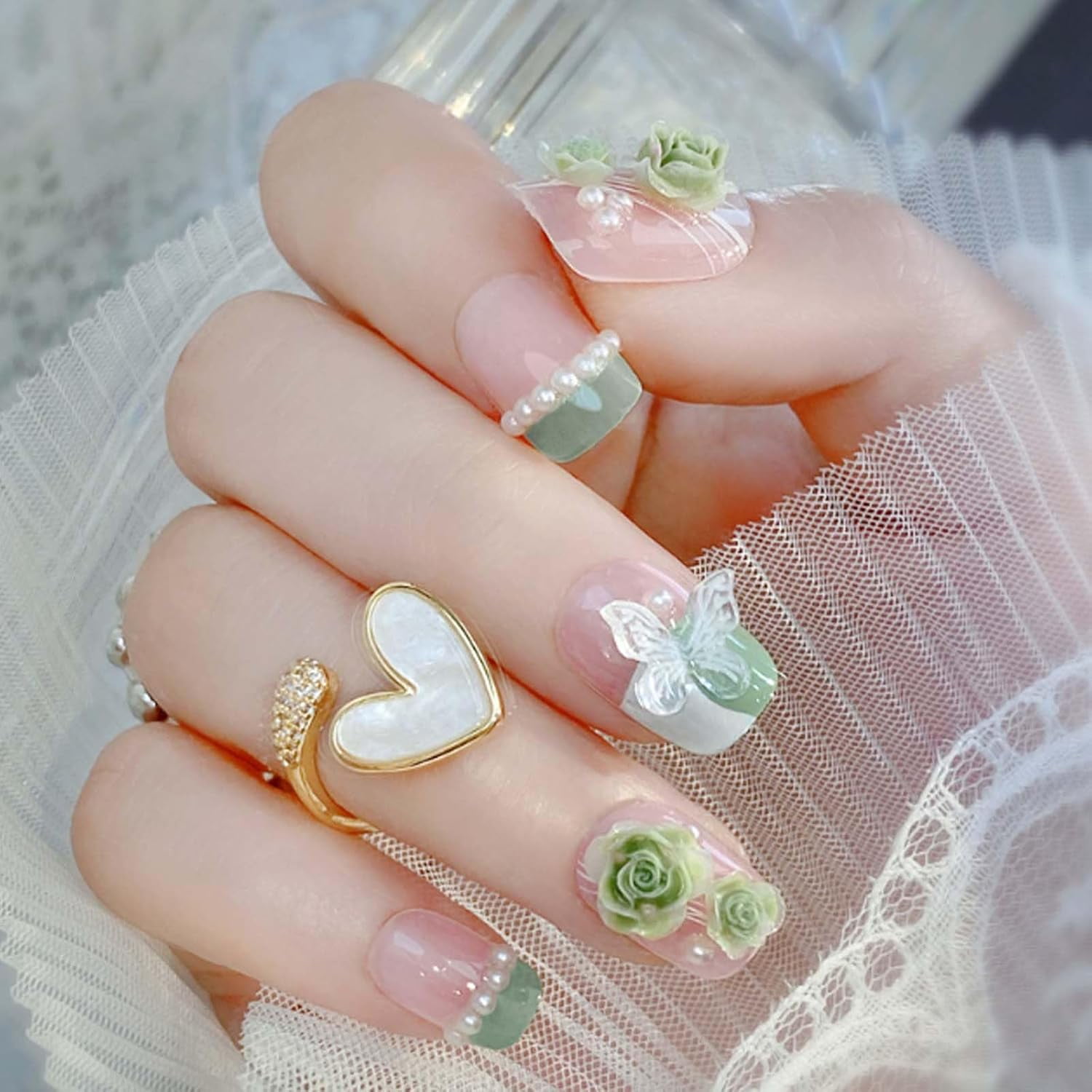 Medium Green Press on Nails Butterfly Fake Pearl Nails Tips Full Cover ...