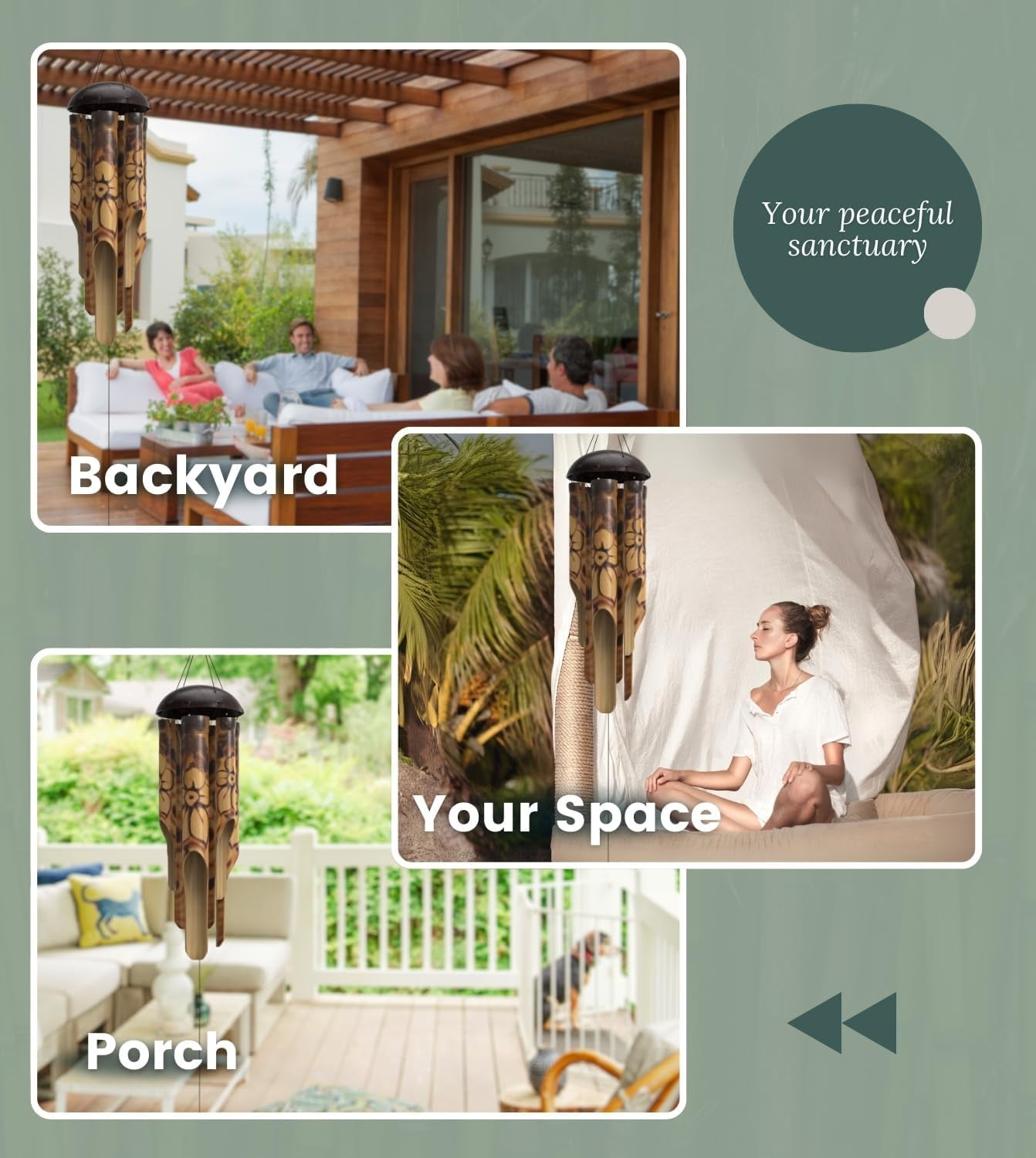 Medium Outdoor Bamboo Wind Chimes, Rustic Wooden Windchimes with Floral ...