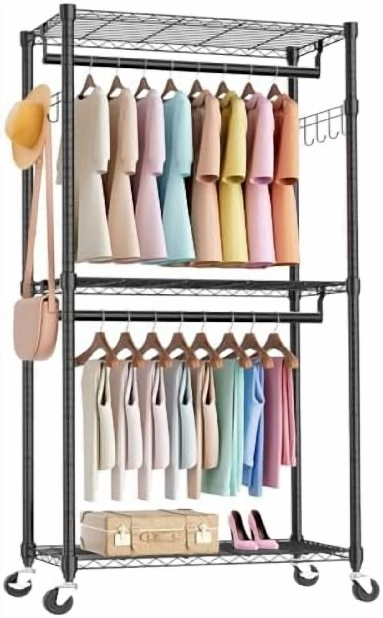 Medium Rolling Clothes Rack, Heavy Duty Garment Racks 3 Tiers Portable ...
