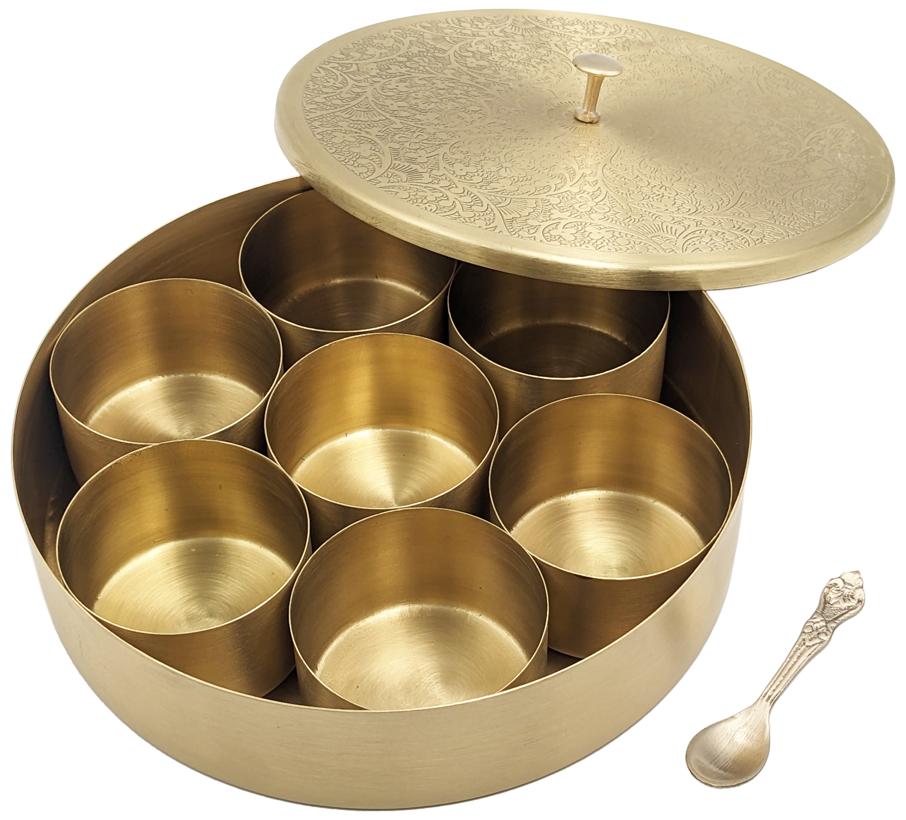 Medium Size Brass (Gold Color) Masala Dabba Box with 7 Spice Containers ...
