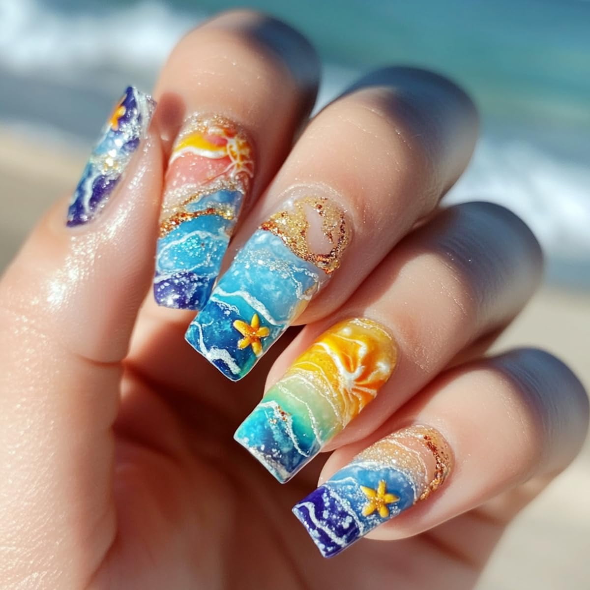 Medium Square Press on Nails Summer Beach Fake Nails Press ons with Sea ...