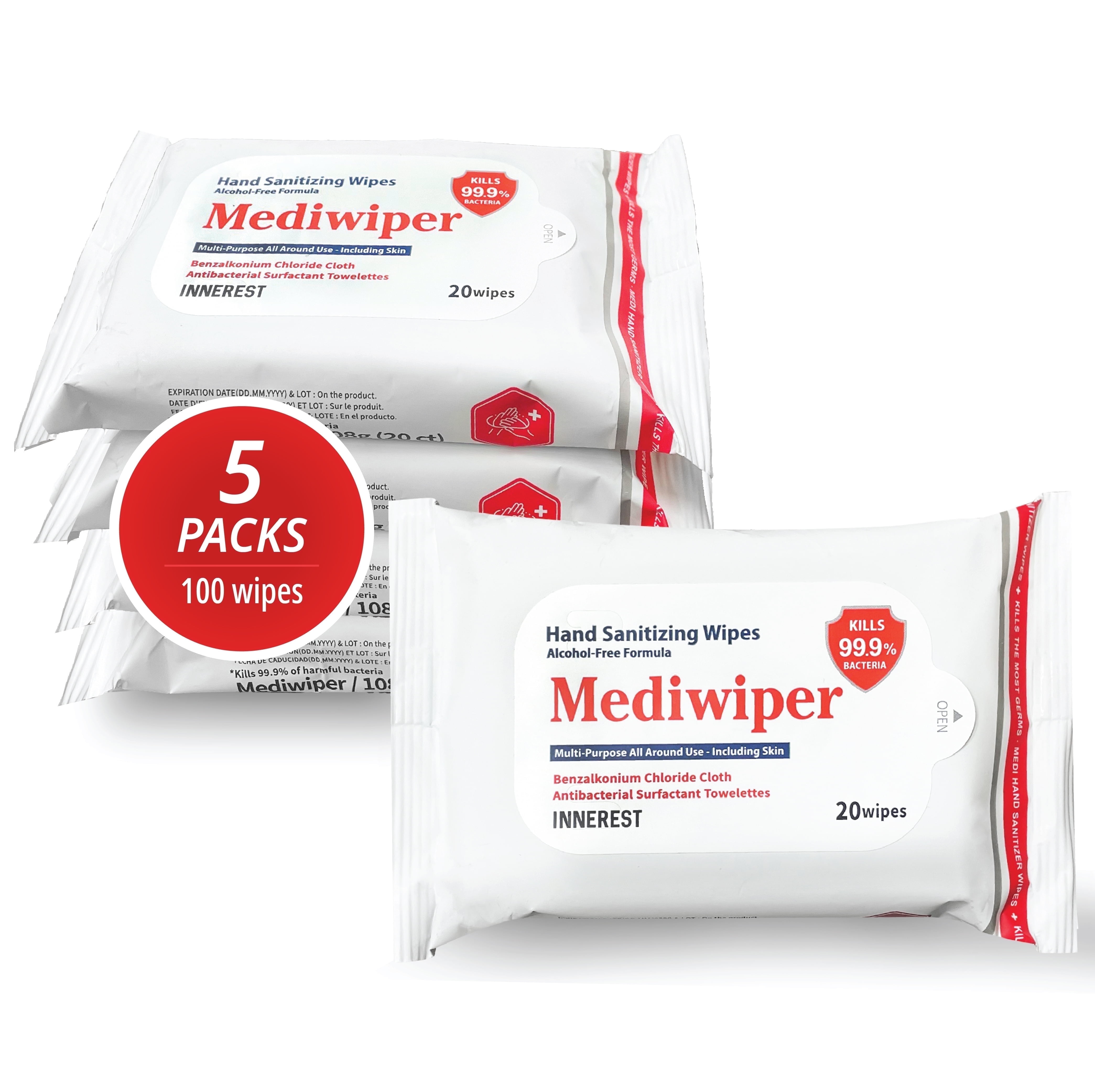 Mediwiper Hand Wipes, Non-Alcohol Wet Wipes, 100 Count (20ct x 5pk ...