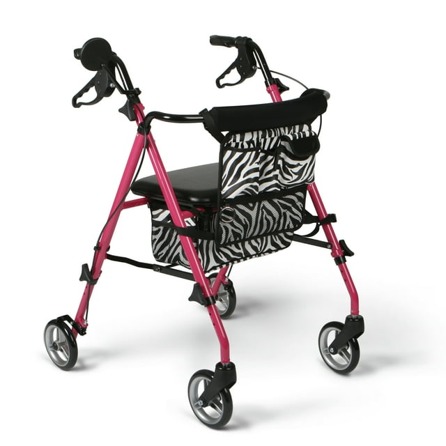 Medline Posh Premium Lightweight Aluminum Rollator Walker, Pink & Zebra ...