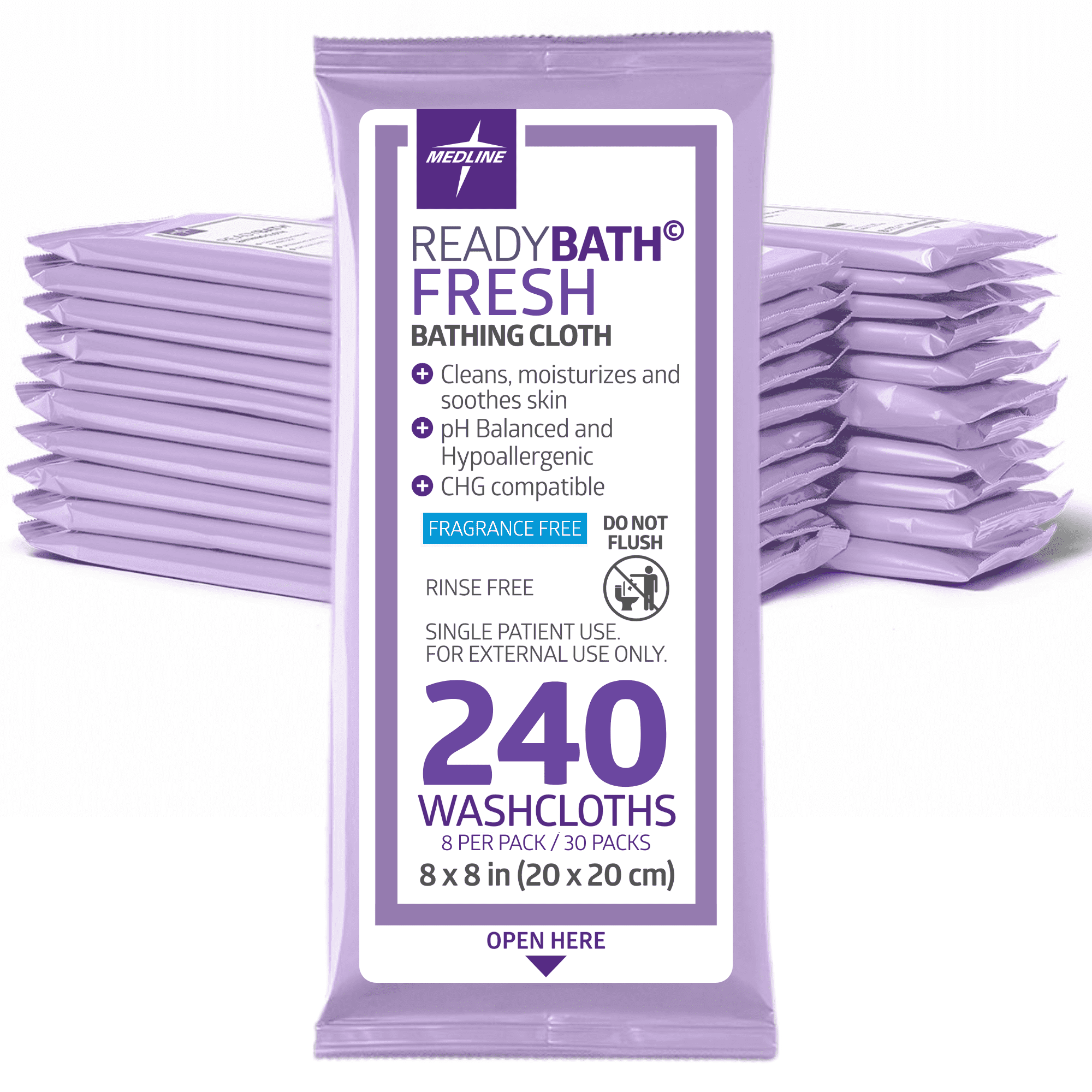 "Medline ReadyBath Fresh Unscented No-Rinse Bath Wipes, 240 Count, 8 ...