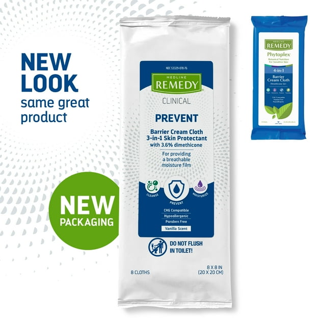 Medline Remedy Clinical 3-in-1 Barrier Cream Cloth, 8 count, Personal ...