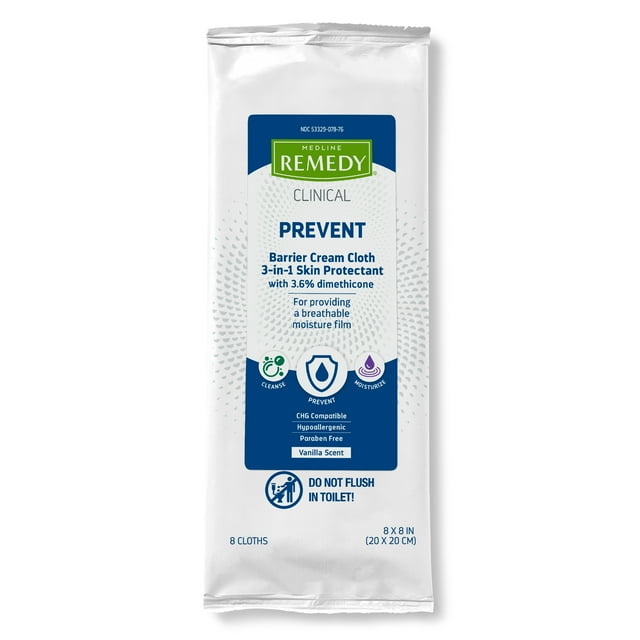 Medline Remedy Clinical 3-in-1 Barrier Cream Cloth, 8 count, Personal ...