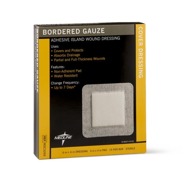 Medline Sterile Bordered Gauze Adhesive Island Wound Dressing, 6" x 6" with 4" x 4" Pad, Box of ...