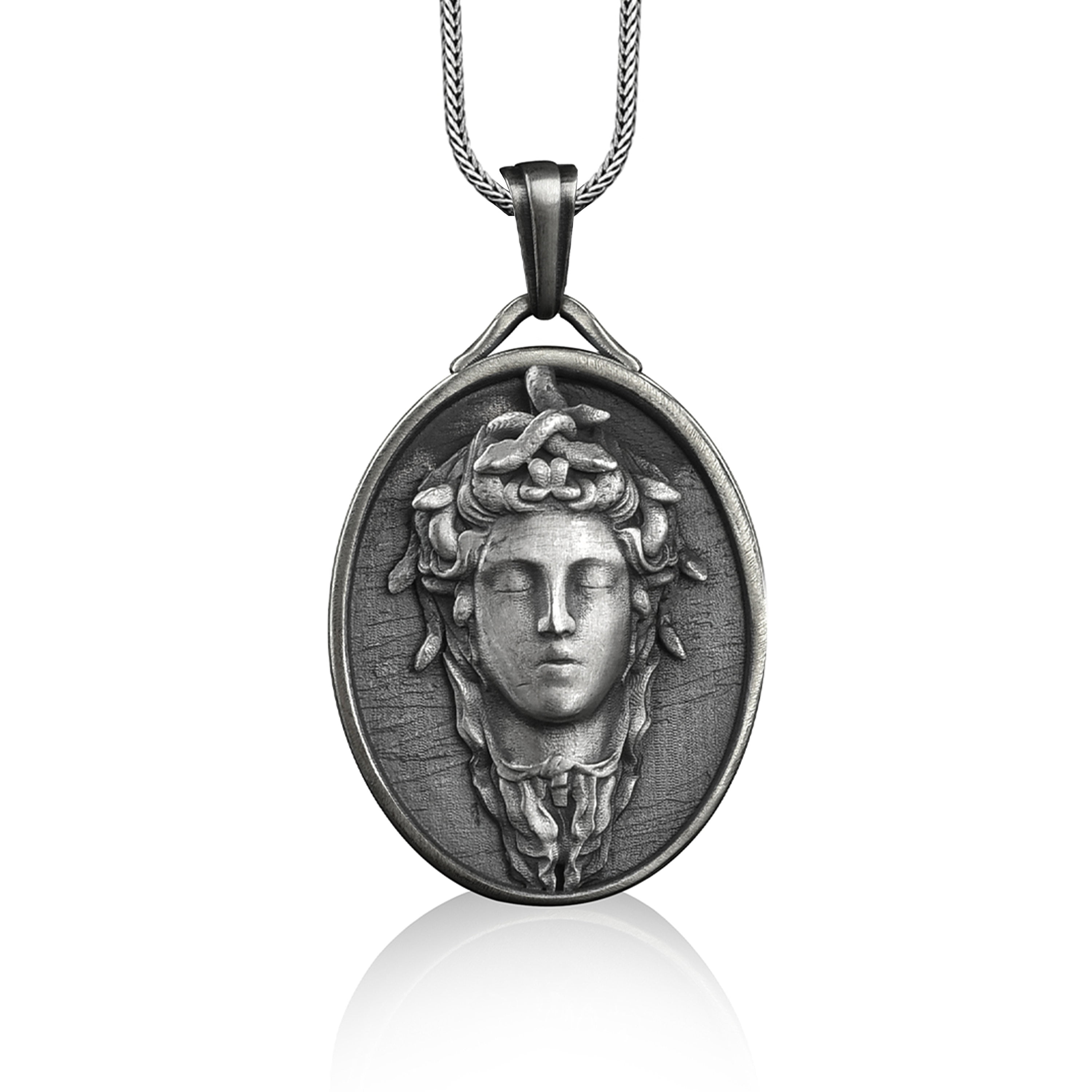 Medusa head oval medal necklace in silver, Personalized greek mythology ...