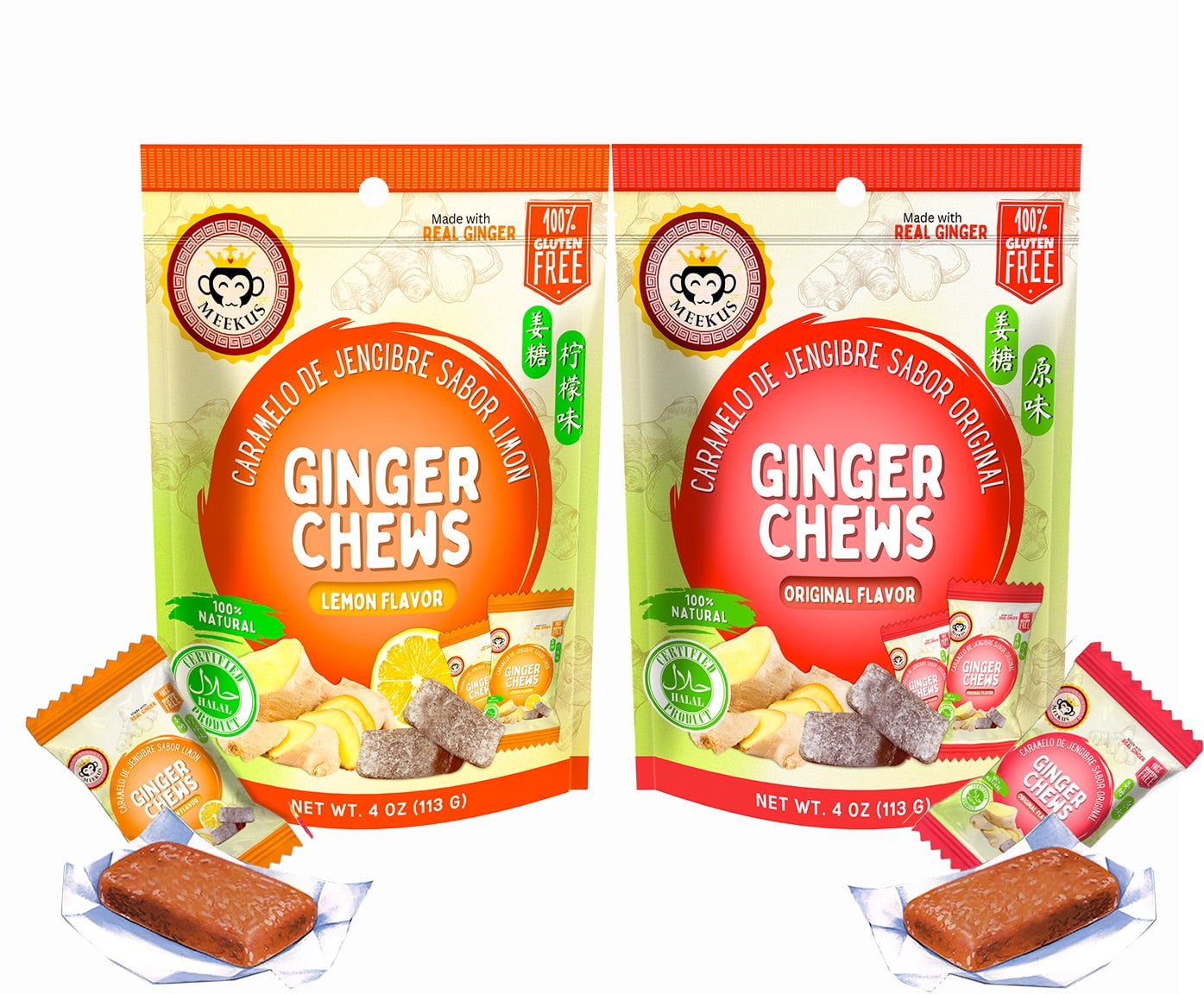 Meekus Ginger Soft Candy Chews Original + Lemon Flavor, Ginger Candy ...