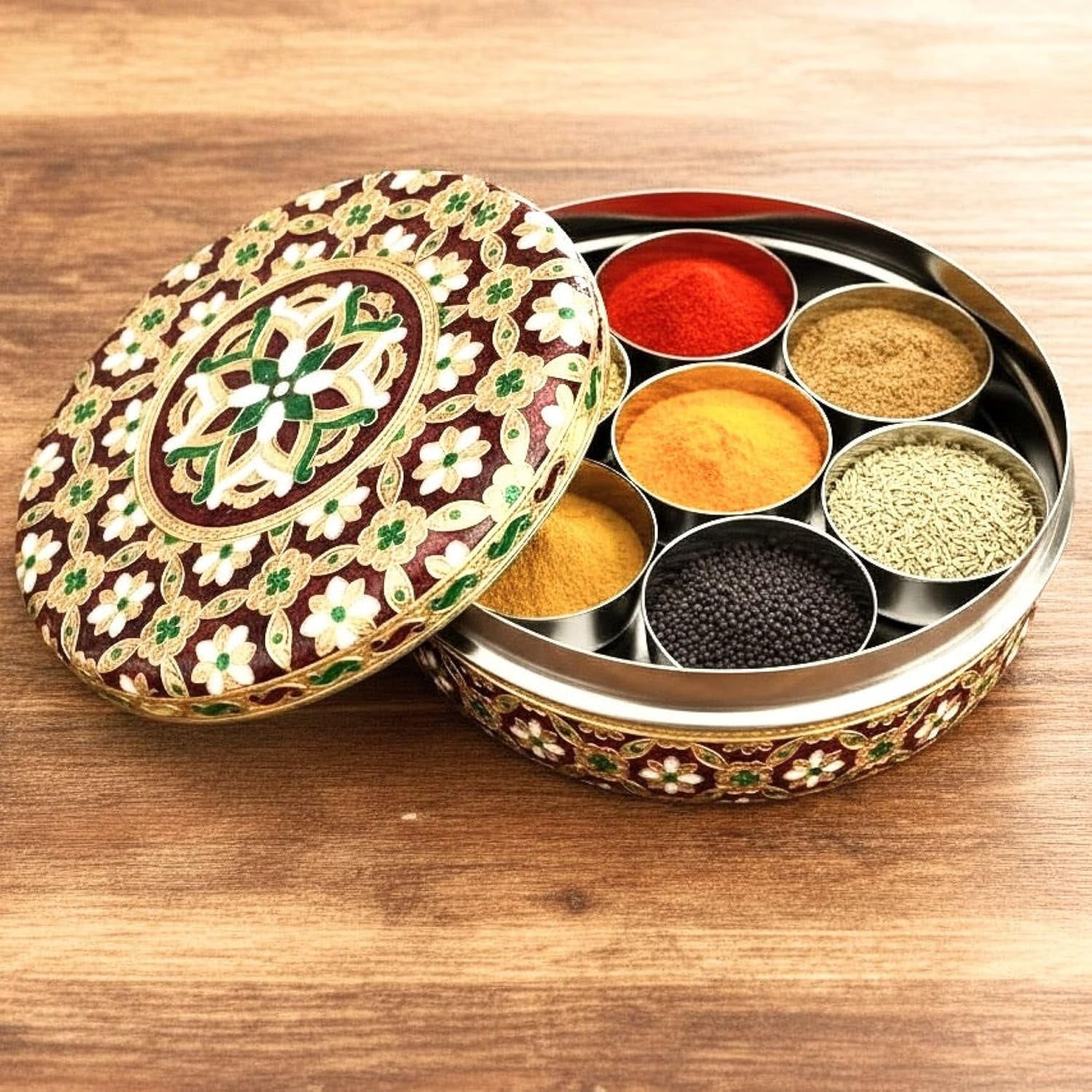 Meenakari Steel Indian Spices Box Designer Small Round Masala Box Spice ...