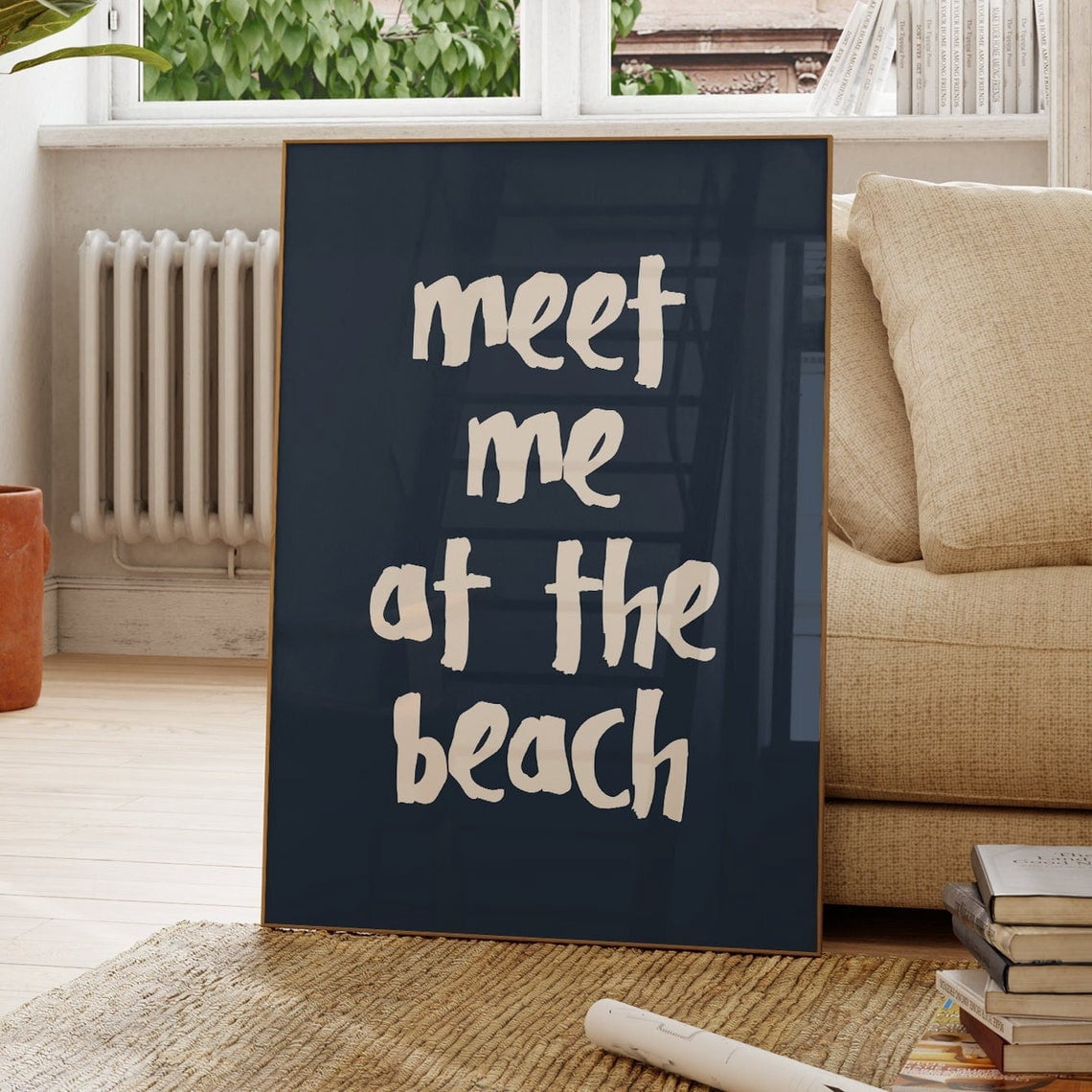 Meet Me At The Beach Poster, Summer Beach Coastal Wall Art, Navy ...