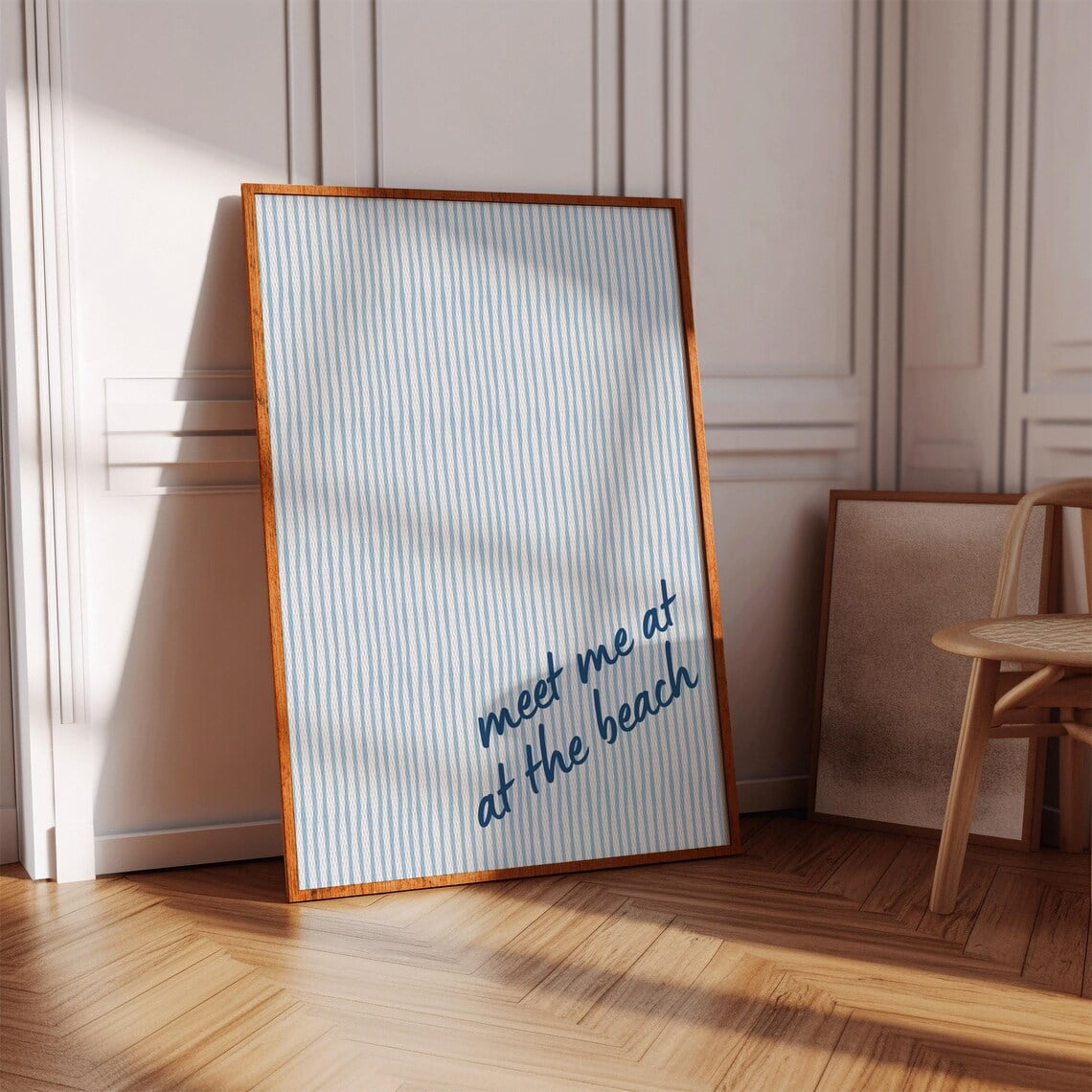 Meet Me At The Beach Print, Light Blue Stripes, Navy Blue Wall Art ...
