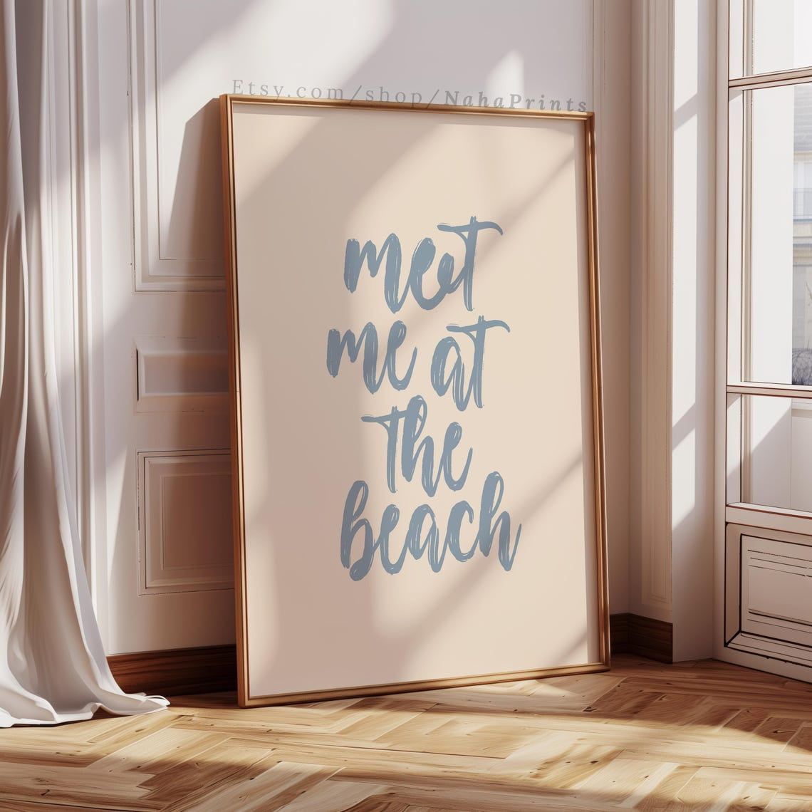 Meet Me At The Beach Print Trendy Coastal Wall Art Blue Typography ...