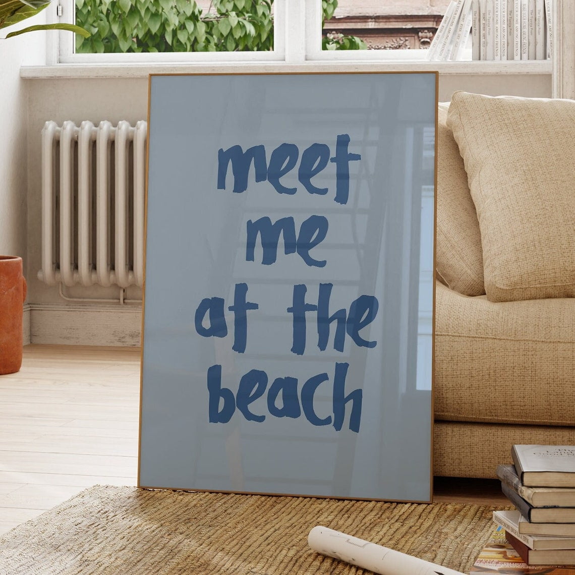Meet Me At The Beach Print, Trendy Coastal Wall Art Blue Typography ...