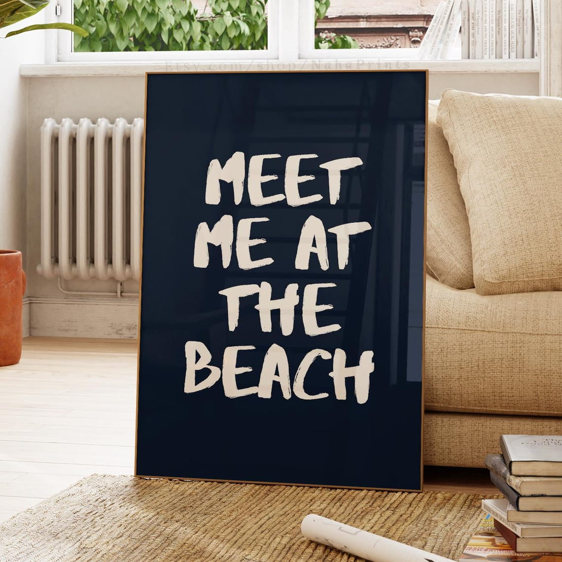 Meet Me At The Beach Print, Trendy Coastal Wall Art, Navy Typography ...