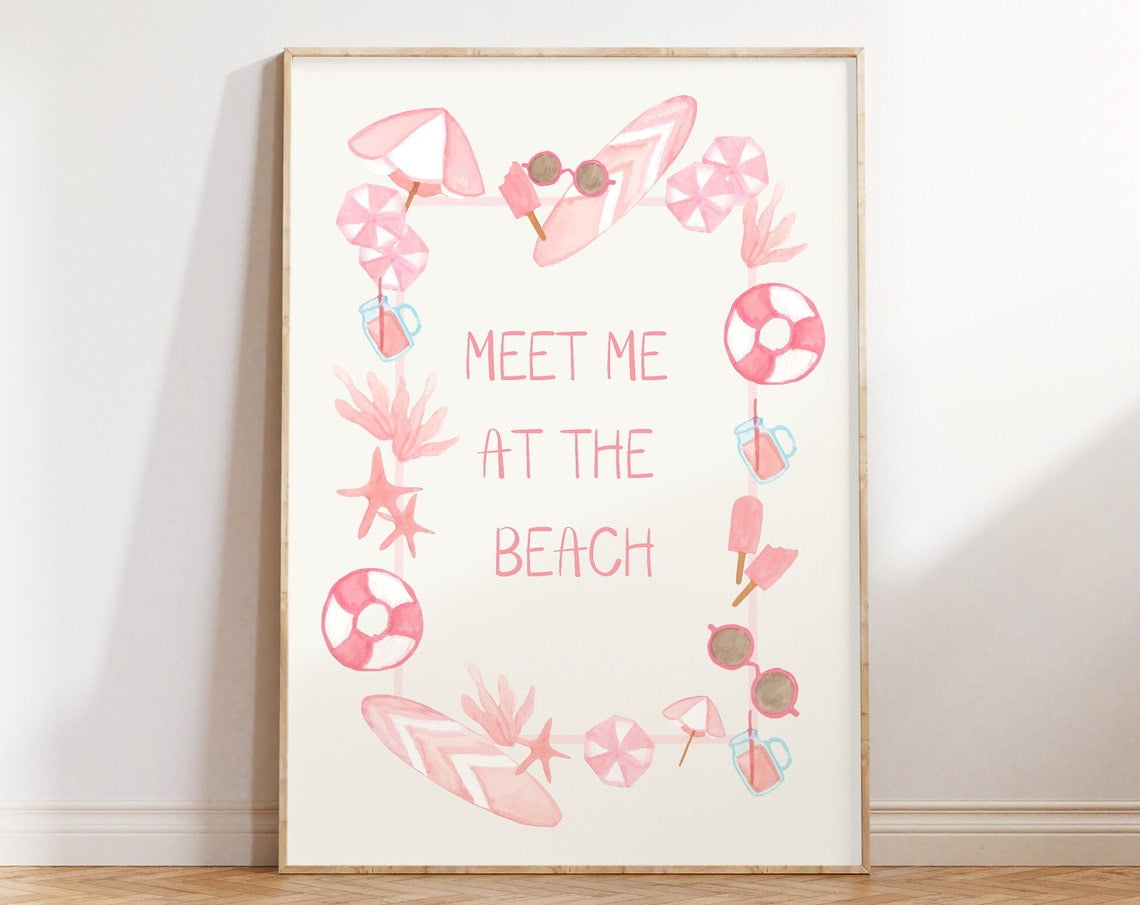 Meet Me At The Beach Print, Trendy Coastal Wall Art, Pink Beachy House ...