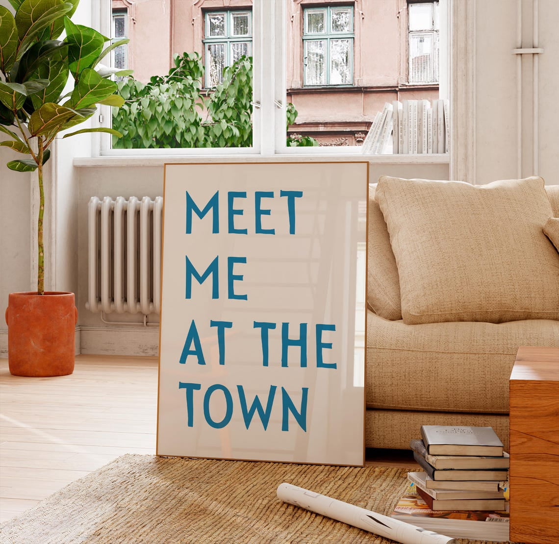 Meet Me At The Town Poster, Blue Typography Art, Town House Art, Summer ...