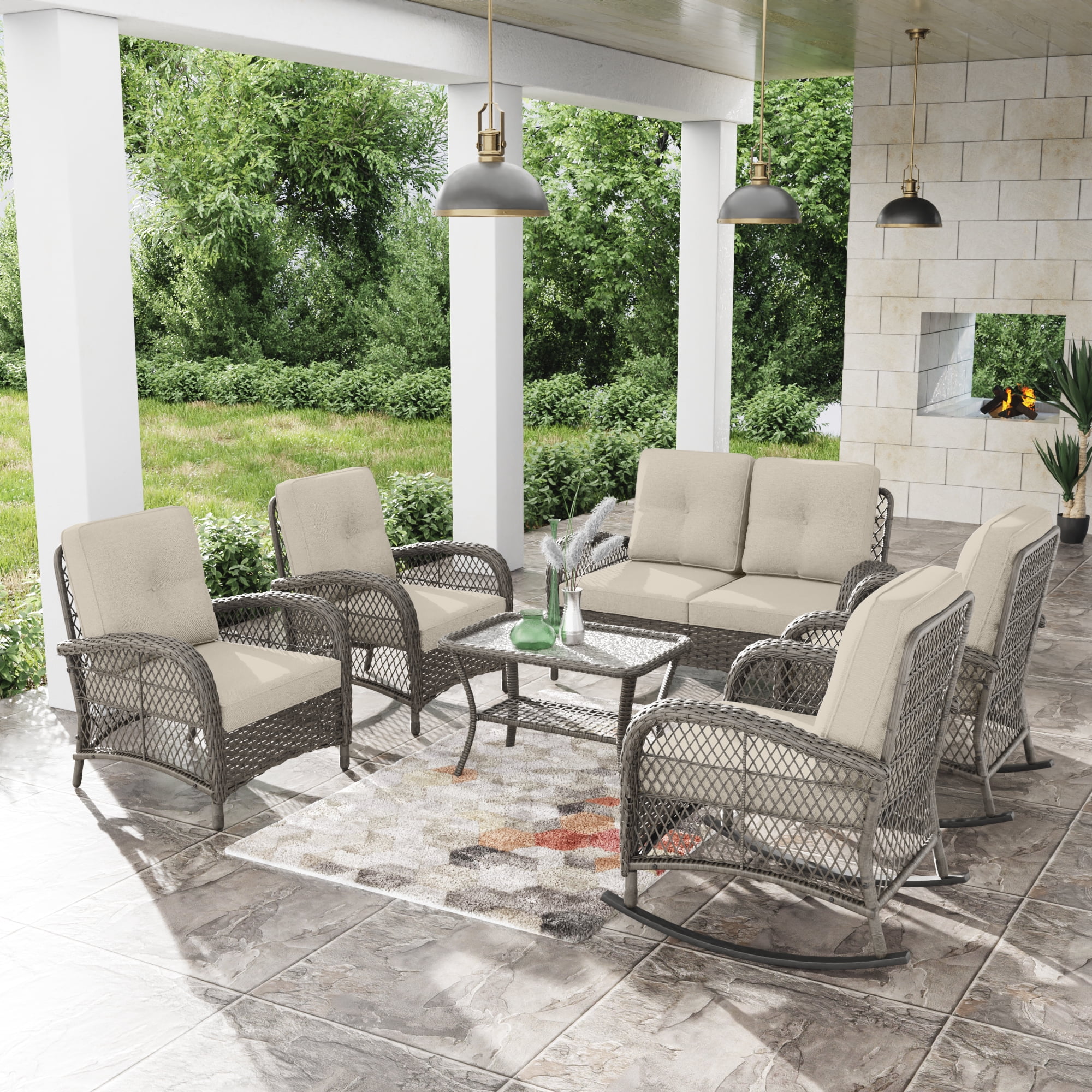 MeetLeisure 6-Piece Outdoor Wicker Conversation Set with 1 Sofa, 1 ...