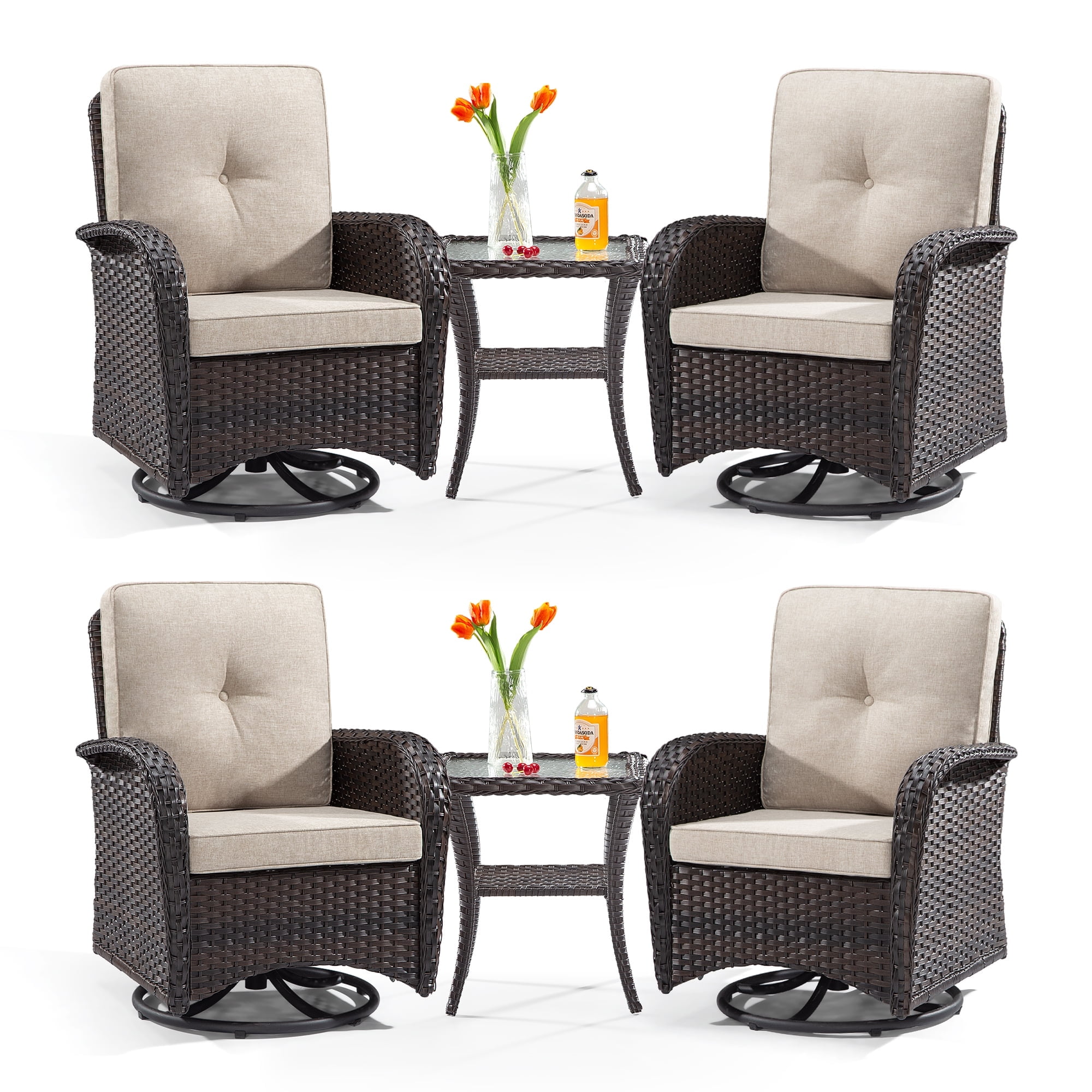 MeetLeisure 6-Piece Wicker Patio Set, 4 Swivel Rockers, 2 Tables (Brown ...