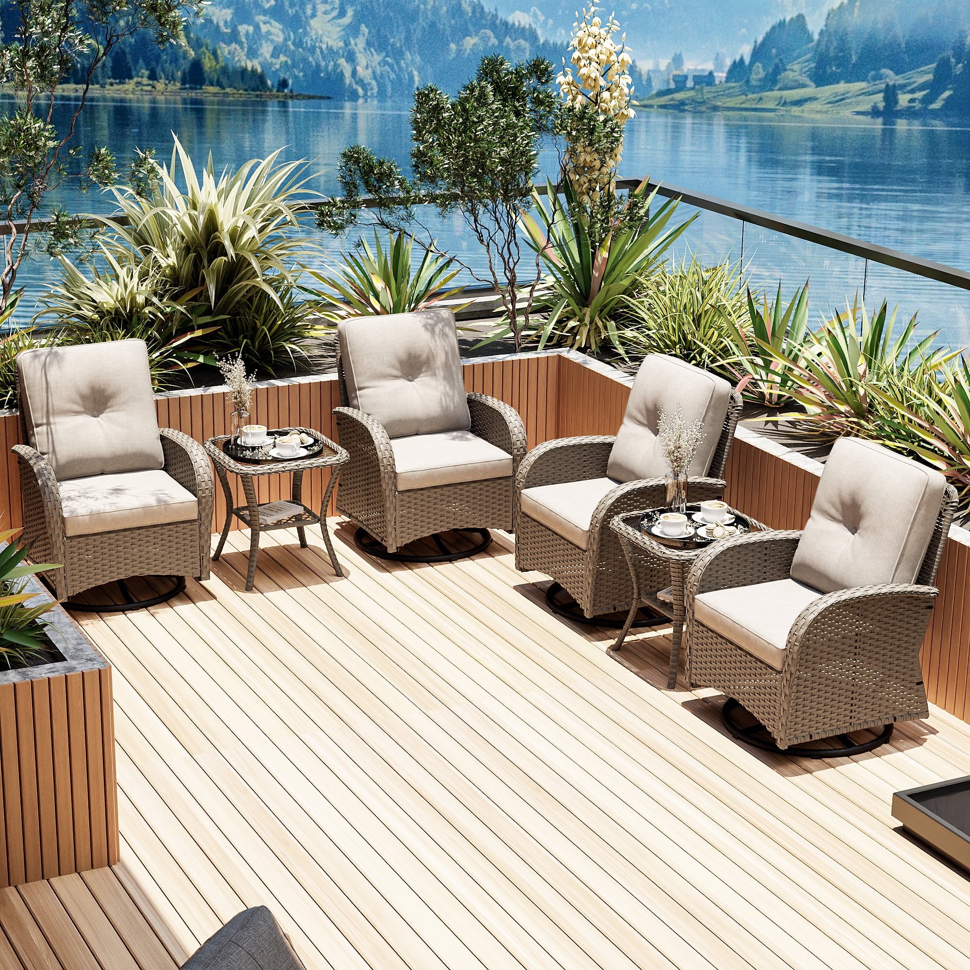 MeetLeisure 6-Piece Wicker Patio Set, 4 Swivel Rockers, 2 Tables ...