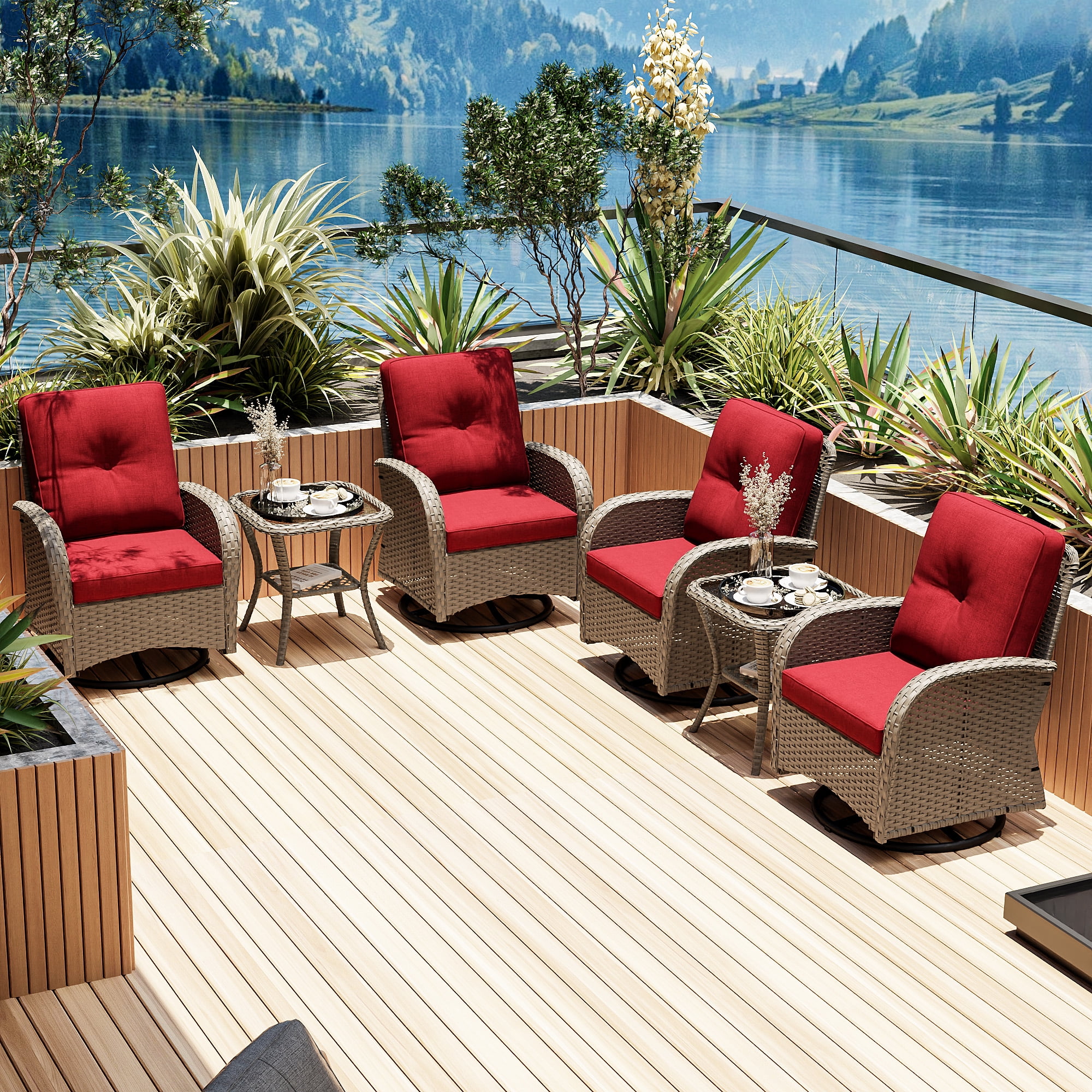 MeetLeisure 6-Pc Patio Set, Wicker Rockers & Tables with Cushions ...