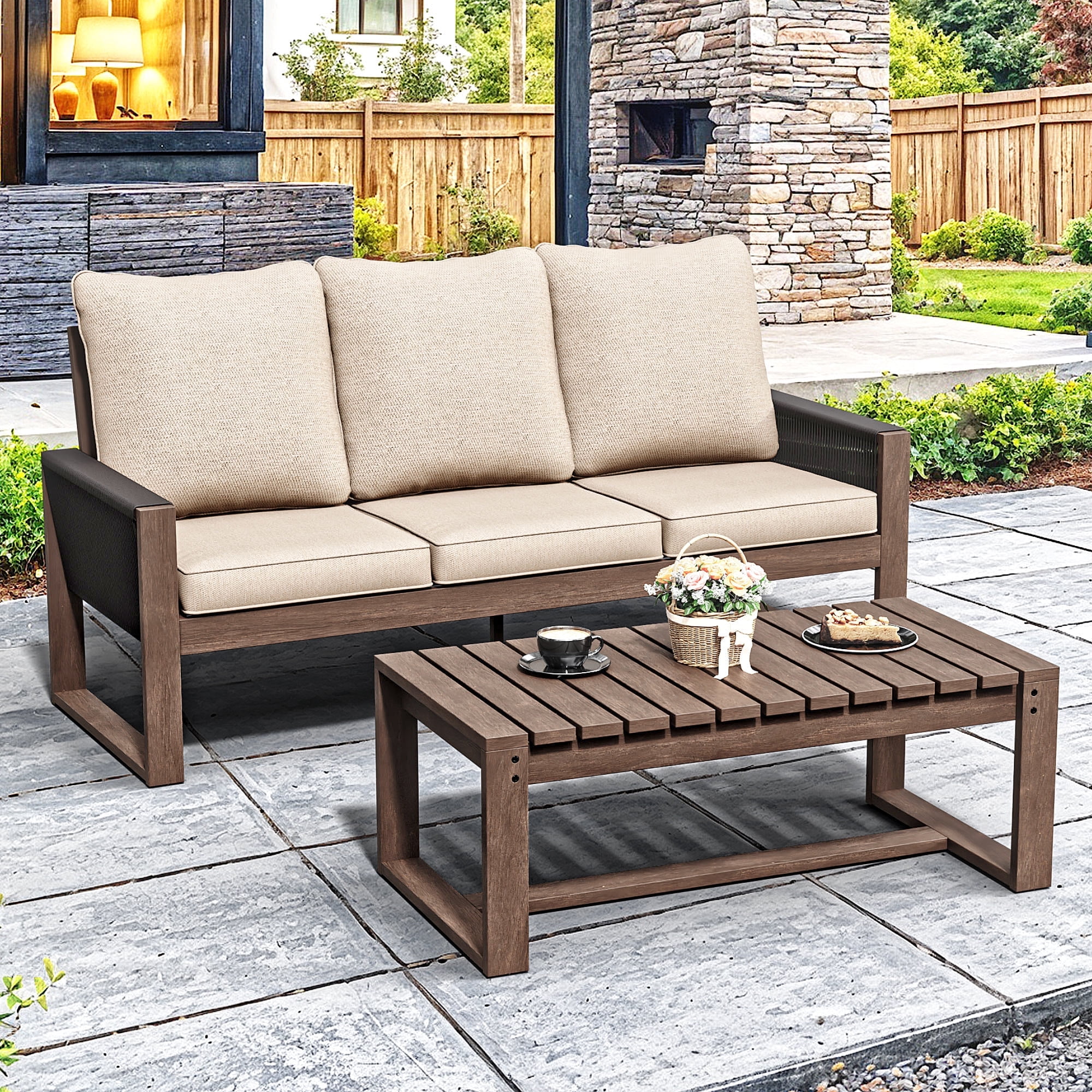 MeetLeisure 77" Wide Patio Wooden Sofa with Coffee Table, High Back ...