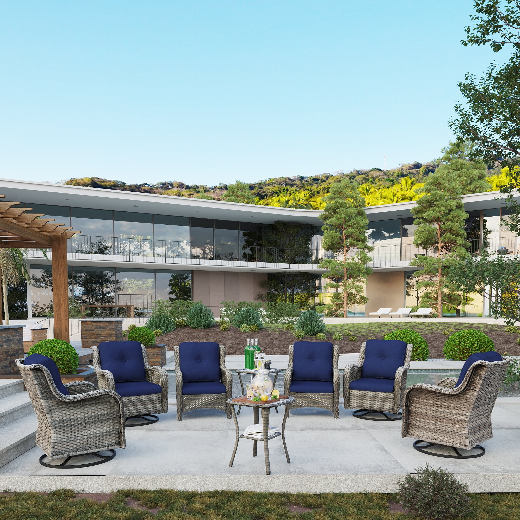 MeetLeisure 8 Pieces Outdoor Furniture Patio Furniture Set with Two Armchairs, Four Swivel ...