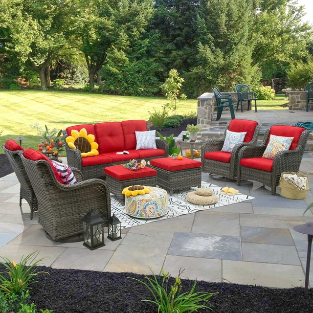MeetLeisure 8-Piece Red Patio Set with Rockers, Sofa, Armchairs ...