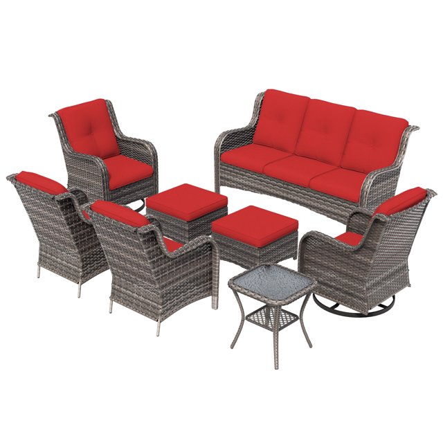 MeetLeisure 8-Piece Red Patio Set with Rockers, Sofa, Armchairs ...