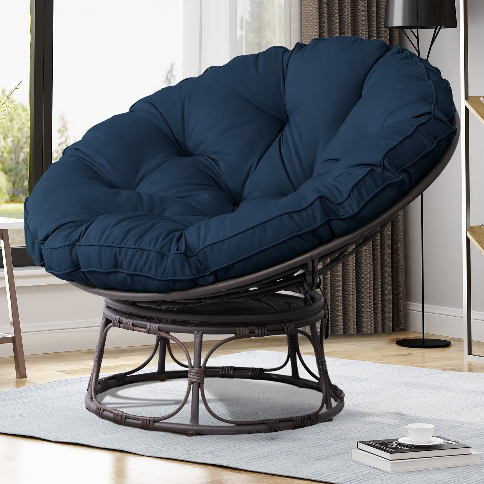 MeetLeisure Wicker Outdoor Patio Papasan Lounge Chair with Blue Cushion ...