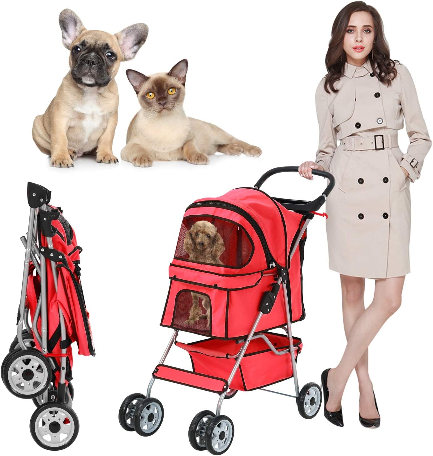 MeetPerfect 4 Wheels Travel Stroller Pet Stroller Dog Cat Pushchair ...