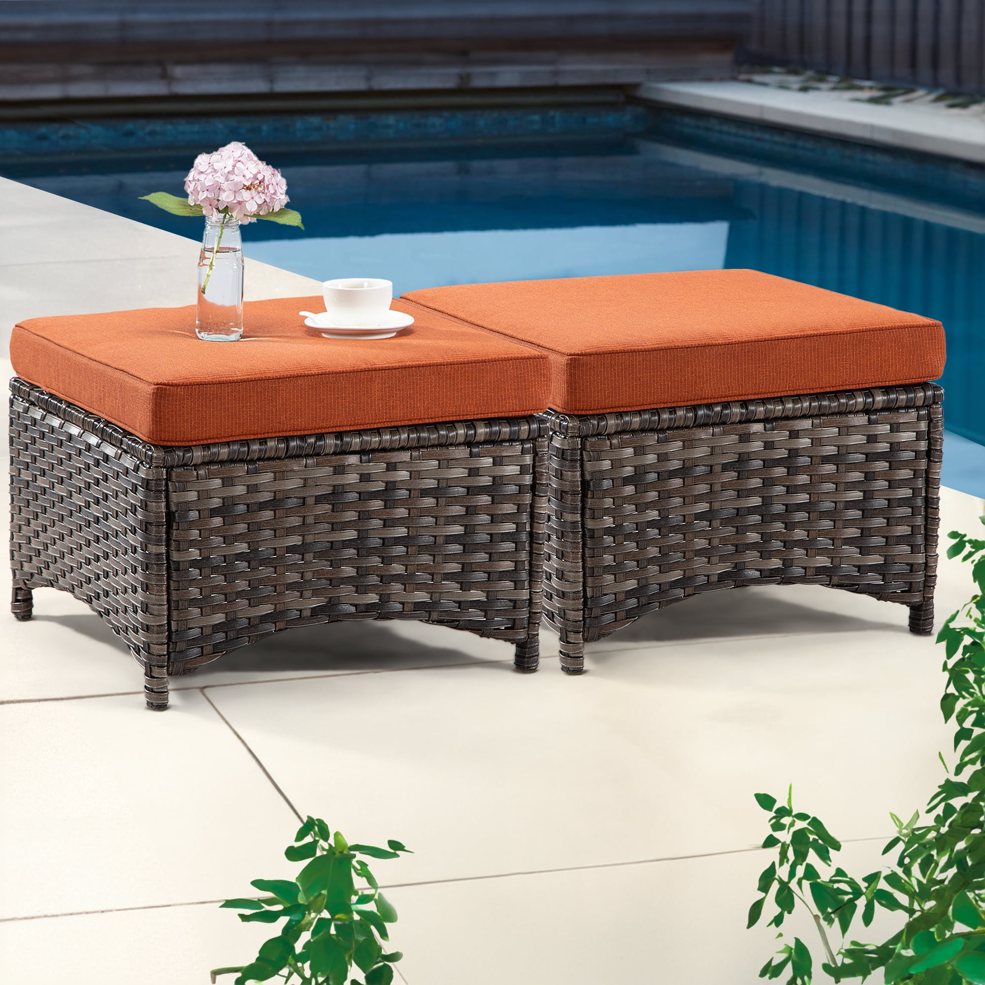 Meetleisure Patio Rattan Footstool, 2 Piece Outdoor Ottomans with ...