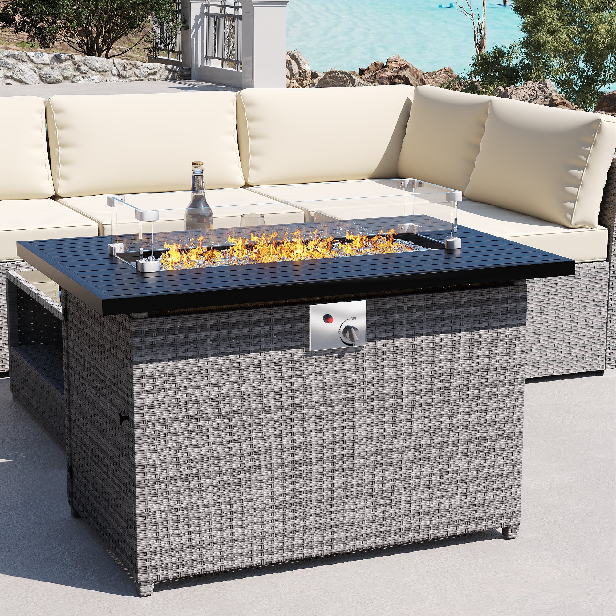 Meetleisure 43 inch 50,000 BTU PE Rattan Propane Fire Pit Table Auto ...
