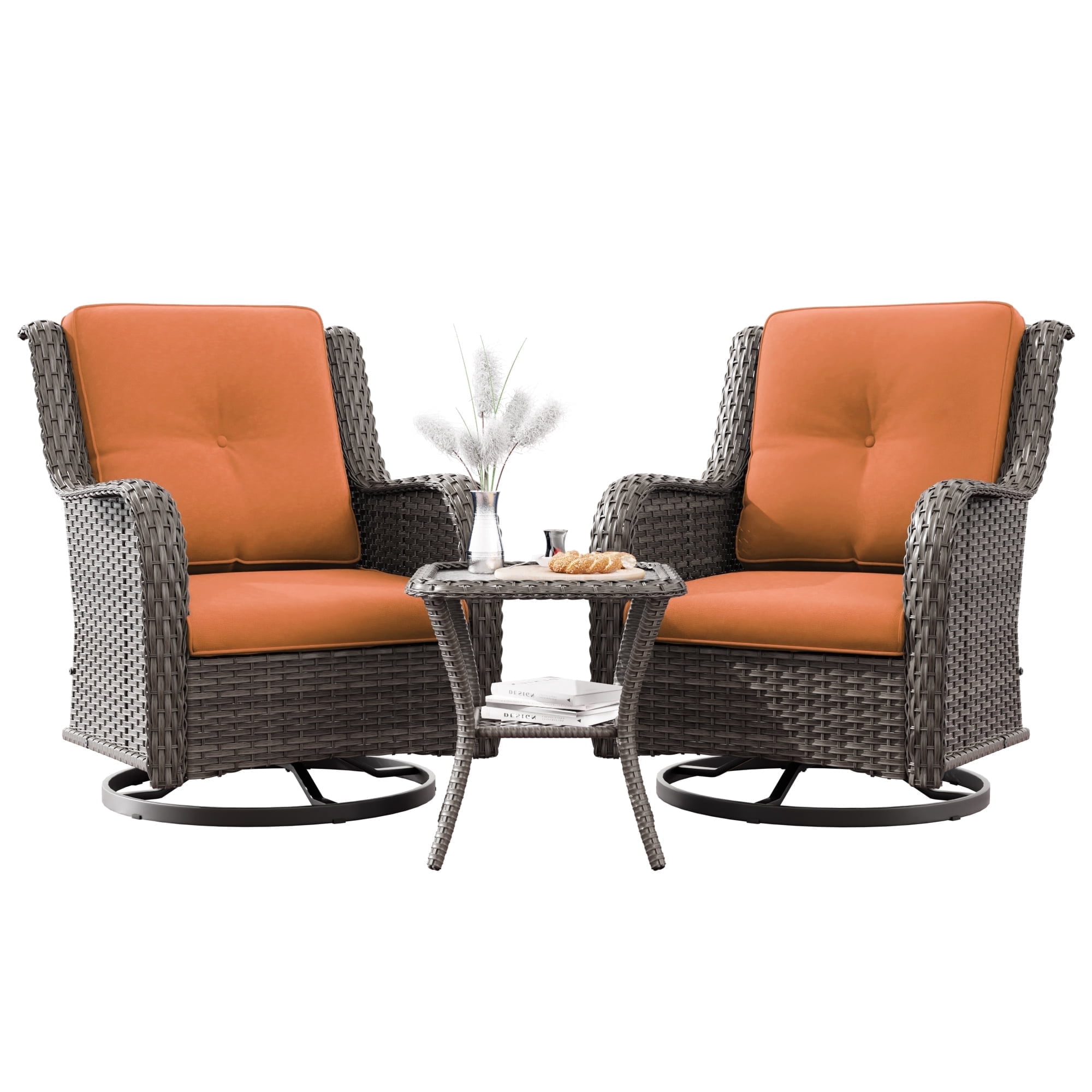 Meetleisure Outdoor Patio Set: 2 Swivel Rocker Wicker Chairs & Table ...