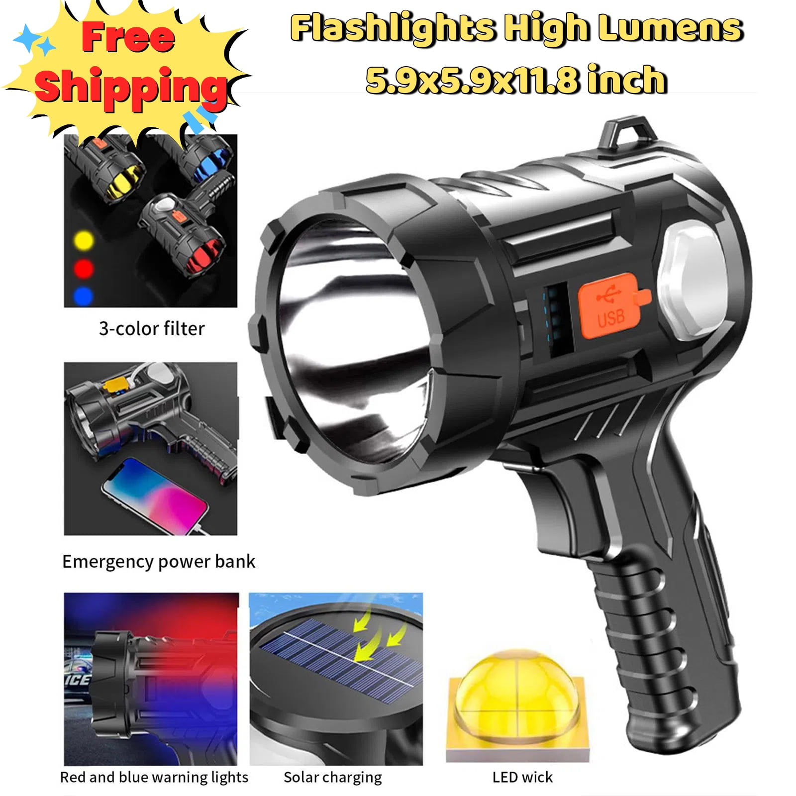 Mega-Bright Rechargeable Spotlight, Tactical & Emergency Flashlight, 4 ...