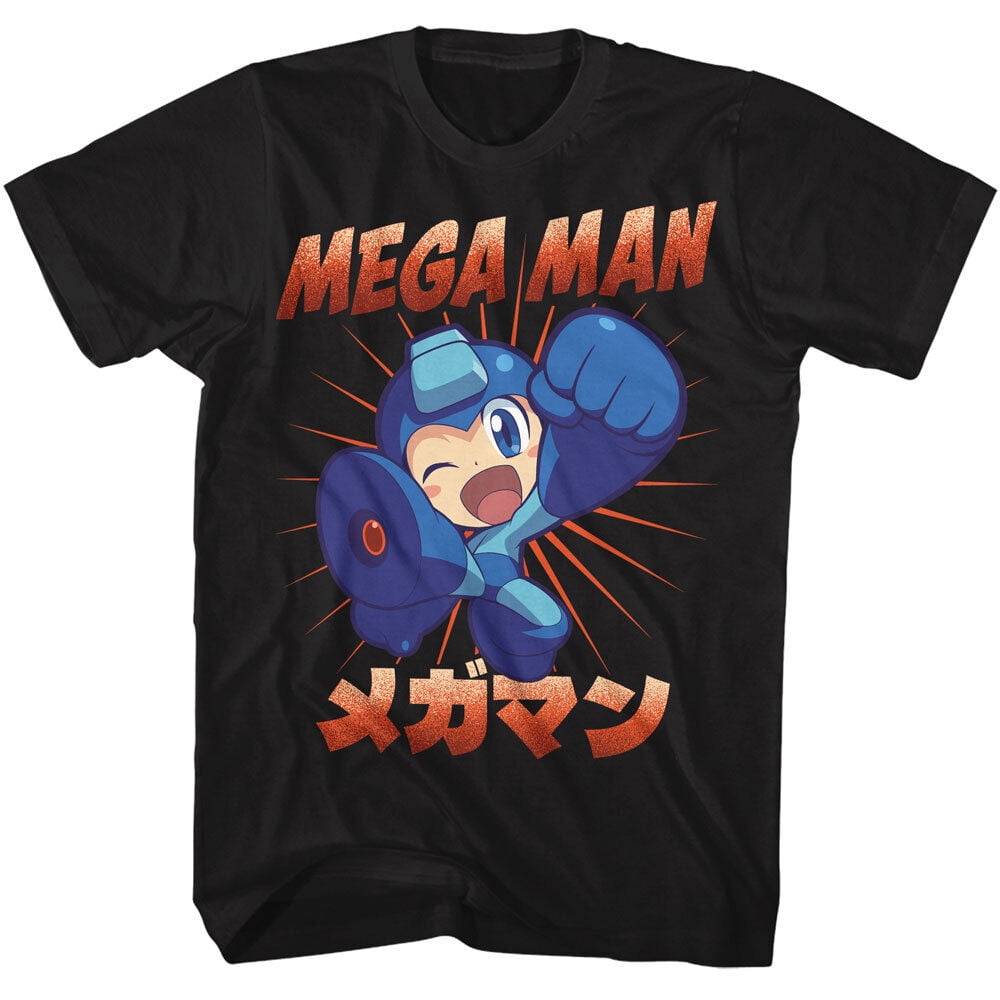 Mega Man Capcom Video Game Merch Chibi Kick Japanese Writing Men's T ...